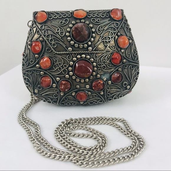 Sajal Indian Medal | Bags | Vintage Sajal India Metal Agate Stone Bag ...